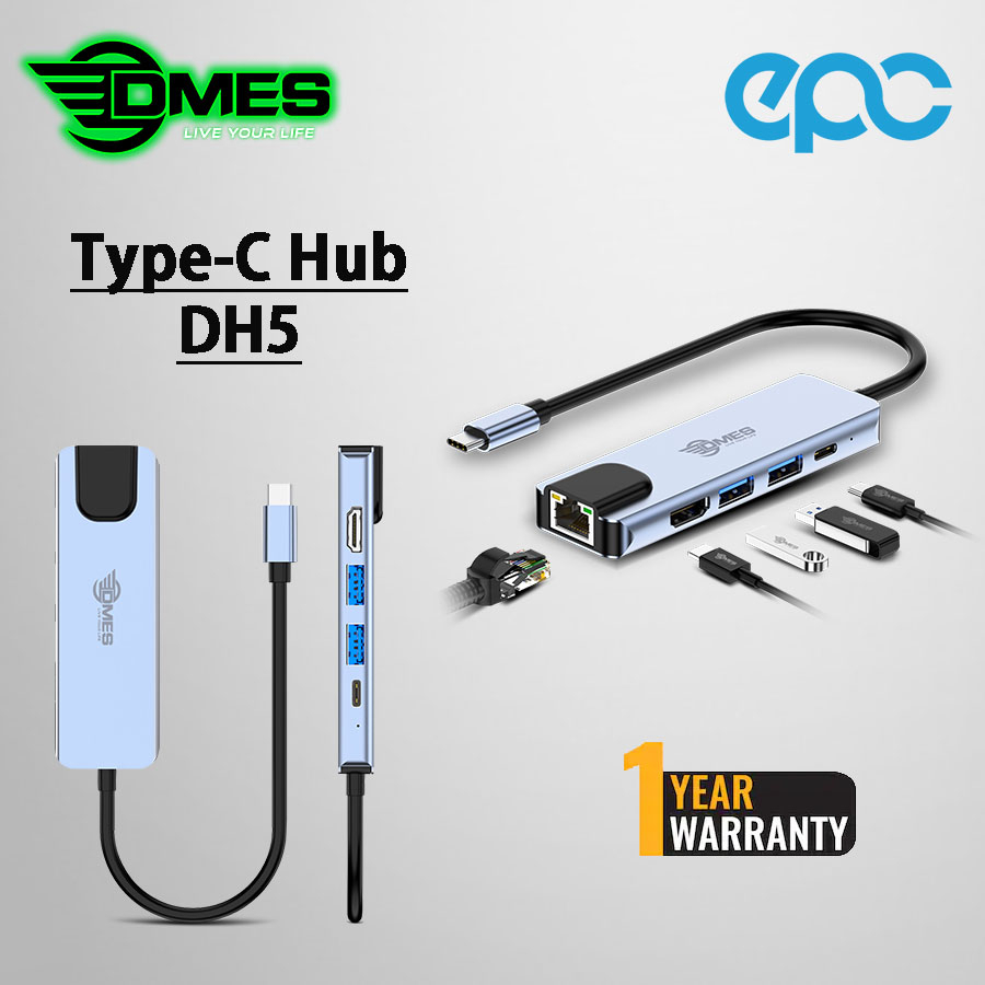 Dmes DH5 5 in 1 Type C Hub , USB 3.0 x 2 , HDMI x 1 , Type-C x 1 , RJ45 x 1 | Shopee Malaysia