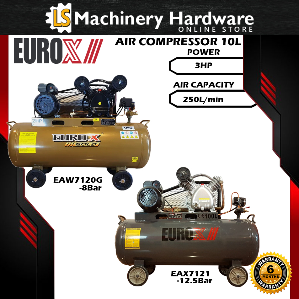 EUROX 3HP 8Bar/12Bar 240V 100Litre Tank Low/High Pressure Air Compressor EAW7120G/EAX7121 - 6 ...