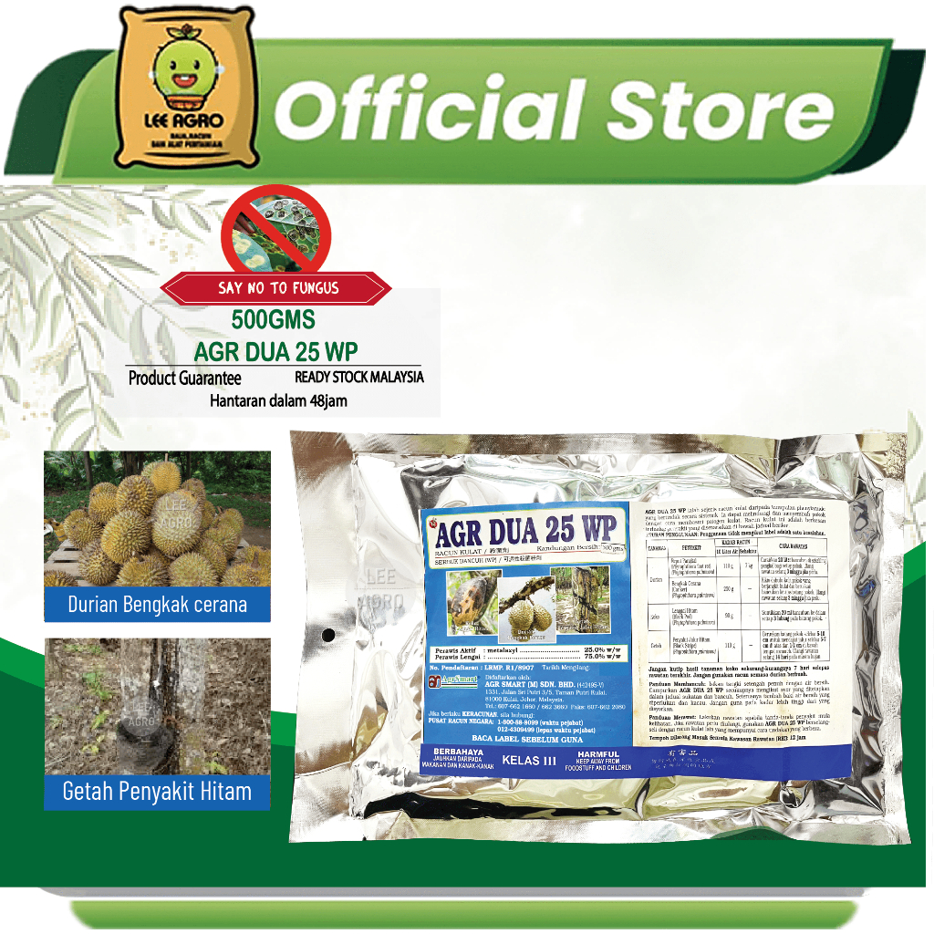 AGR DUA 25WP Metalaxyl Racun Kulat Kanker Batang/Reput Pangkal Durian ...