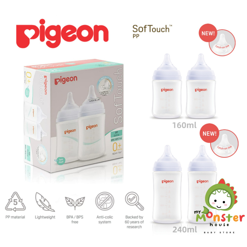 ( NEW ) Pigeon SofTouch Wide-Neck PP Nursing Bottle 160ml / 240ml (Twin Pack) 1 Pack 2 Bottles ...