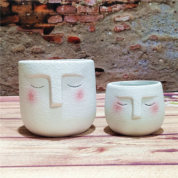 White Mini Decorative Plant Pots Porcelain Calm Human Face Flower Pot ...