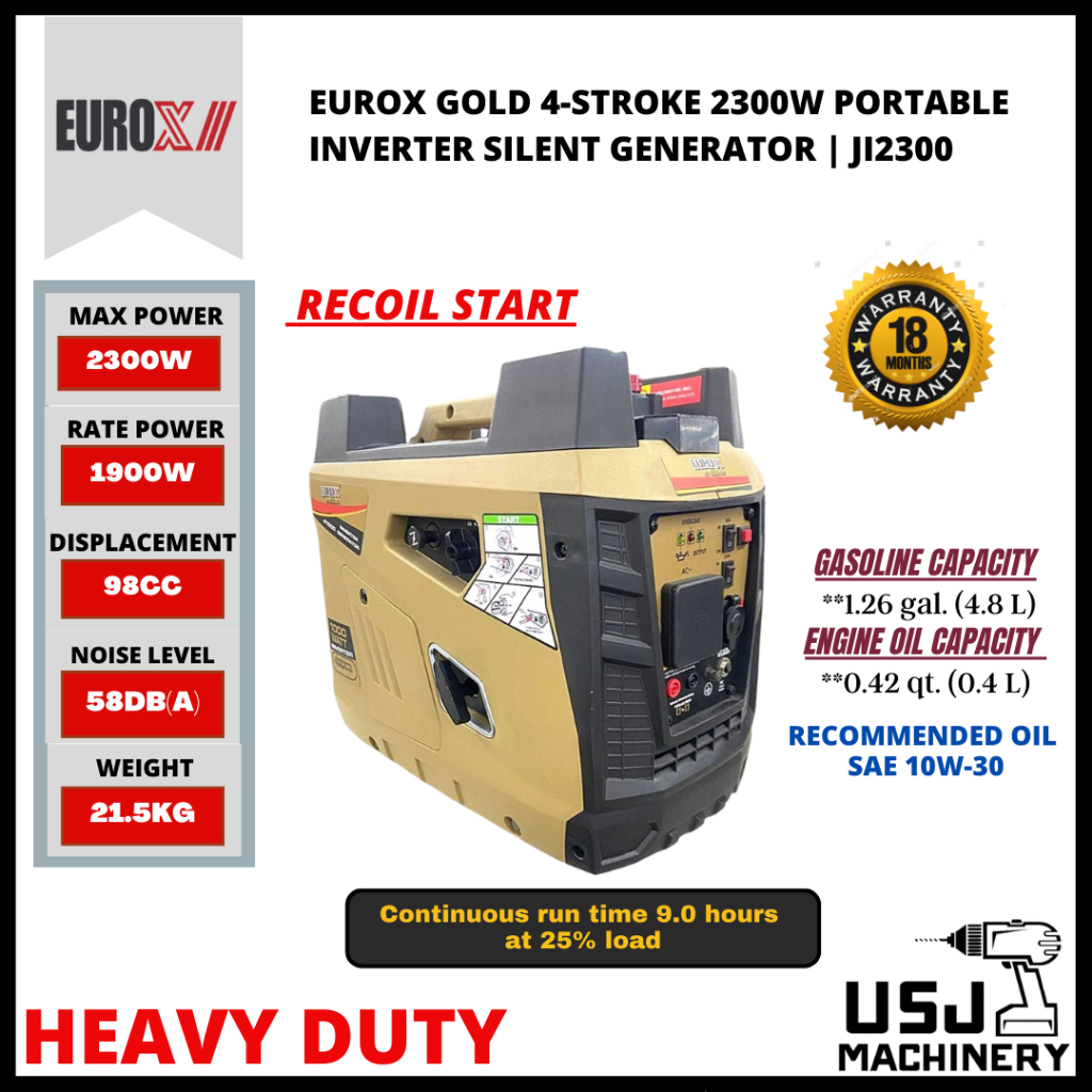 EUROX Gold 4-Stroke 2300W Portable Inverter Silent Generator JI2300 | 18 Months Warranty ...