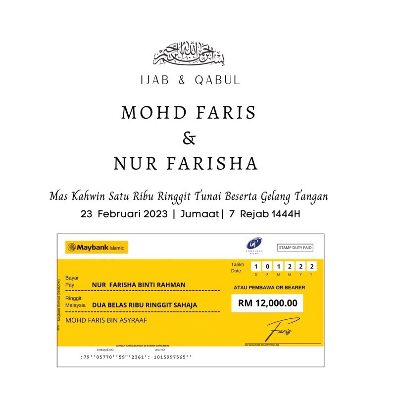 Custom Mock cheque/ Replika cek (Ijab & Qabul) hantaran kahwin .pdf and ...