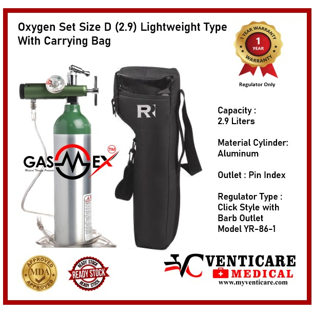 Oxygen Cylinder Set Size D 2.9L Aluminium Body with Regulator Pin Index ...