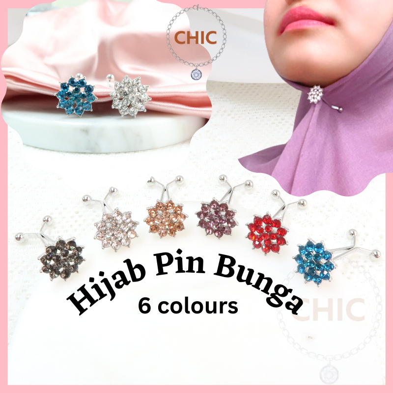 CHICMART Crystal Flower 6pcs colours Pin Tudung Muslim (U-shape) Neck ...