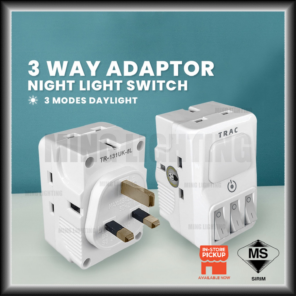 (Sirim) TRAC 2in1 3 Way UK 3 Pin Multi Adaptor LED Night Light On Off ...