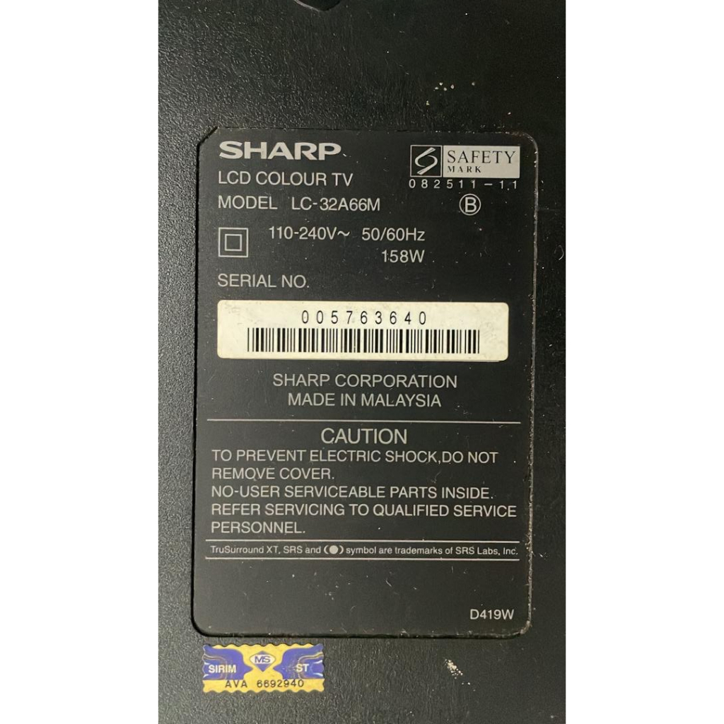 (TL002) Sharp LCD TV Model LC-32A66M Mainboard PowerBoard TCON Inverter ...