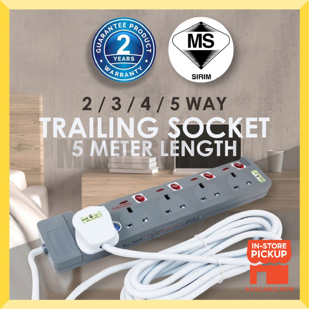 [Sirim] 5M Extension Trailing Socket w Neon Plug Adaptor Multiple Universal Adapter Cord 2/3/4/5 ...