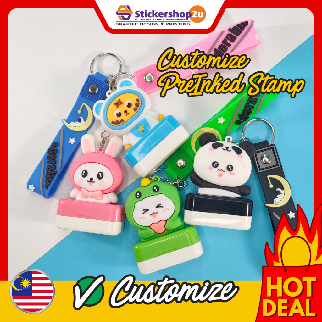 Cute Cartoon Pre-Inked Stamp with Keychain Strap - Pocket Flash Stamp ...