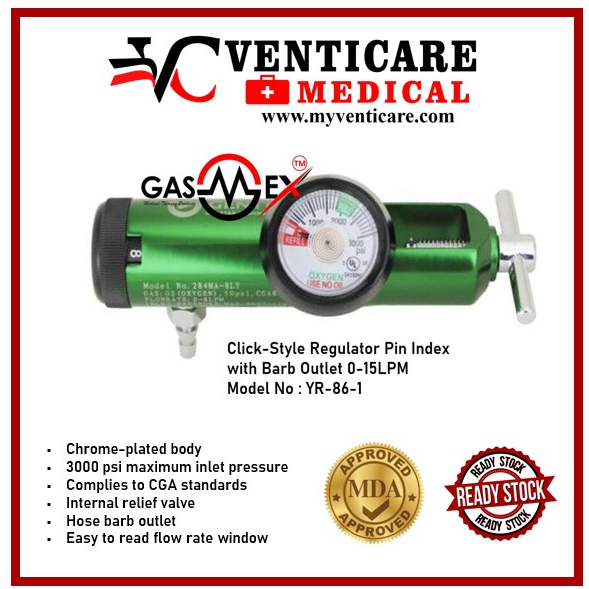 CLICK STYLE OXYGEN REGULATOR PIN INDEX WITH BARD OUTLET 0-15LPM ...