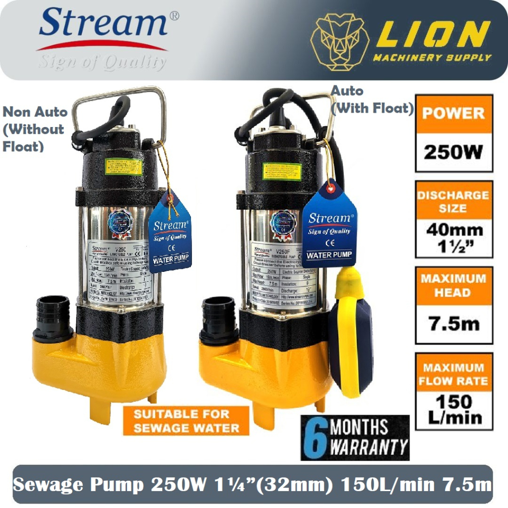 Stream/Unoflow 250W 1¼”(32mm) Submersible Sewage Pump V250/V250F - Flow ...