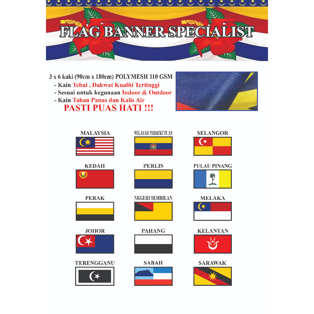 **Bendera Kualiti Tinggi** 3 x 6 kaki Bendera Set Negeri Polymesh Kain ...