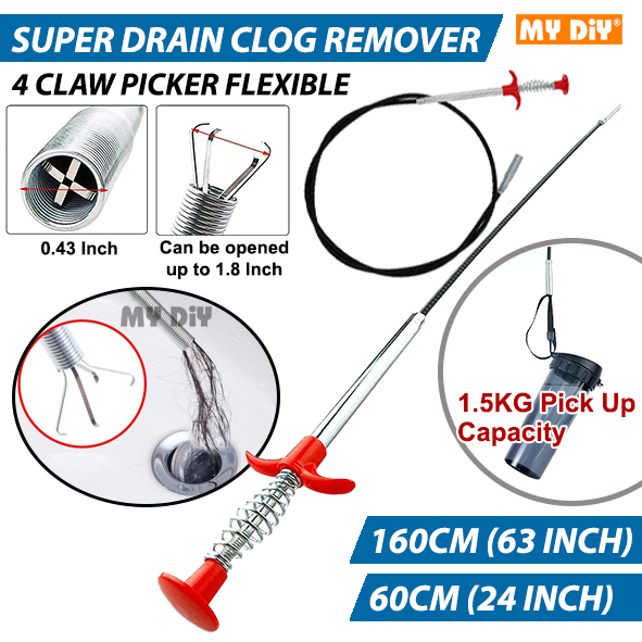 1.6m Super Drain Clog Remover Pick Up Tool 4 Claw Picker Flexible ...