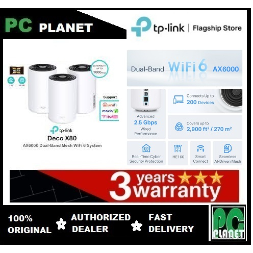 TP-Link Deco X80 AX6000 Whole Home AI-Driven Dual-Band Mesh WiFi 6 System with Homeshield ...