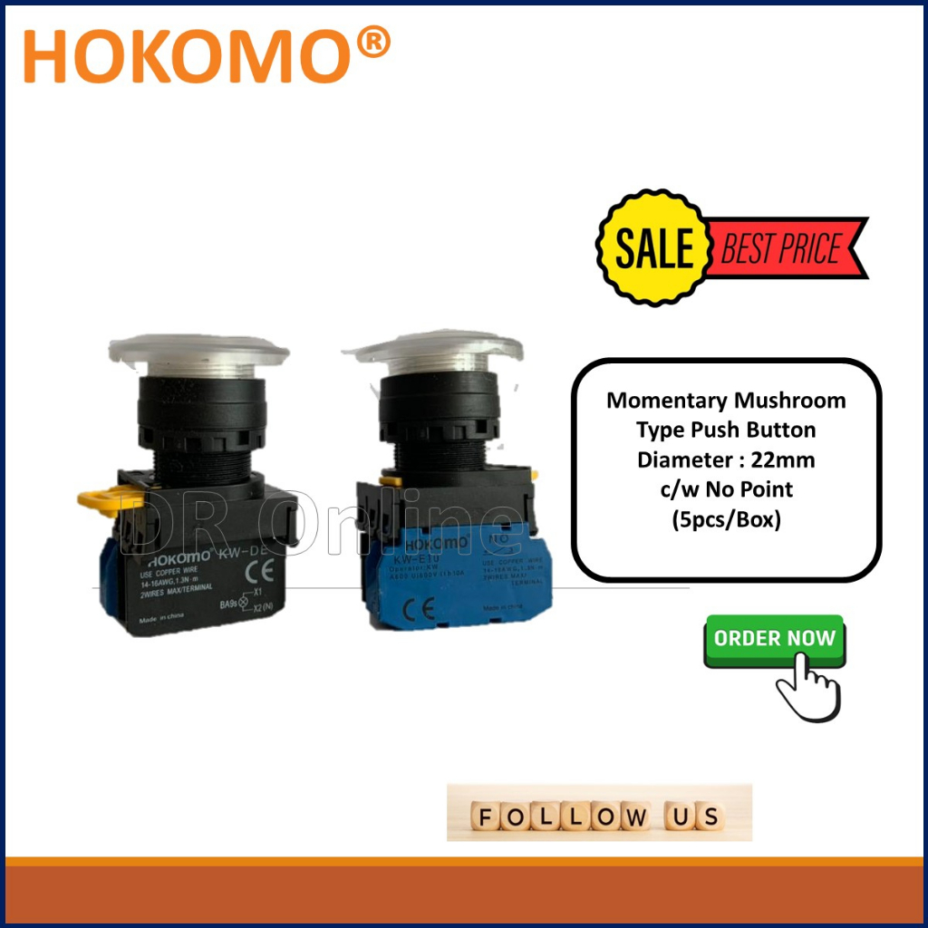 HOKOMO Push Button Switch 22MM Illuminated Mushroom Type Push Button Momentary 1NO /1NC ...