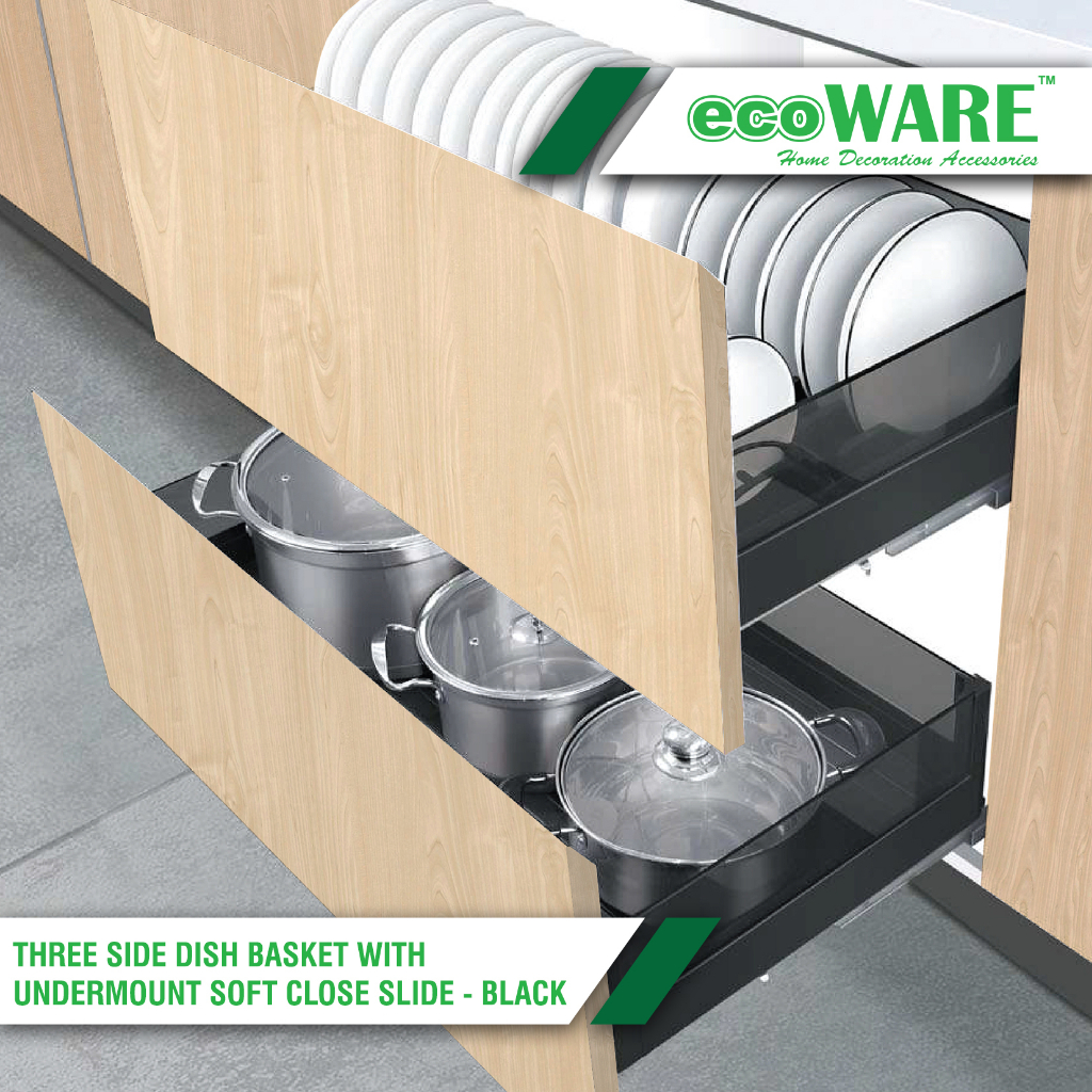 ecoWARE Three Side Dish Basket With Undermount Soft Close Slide - Black ...