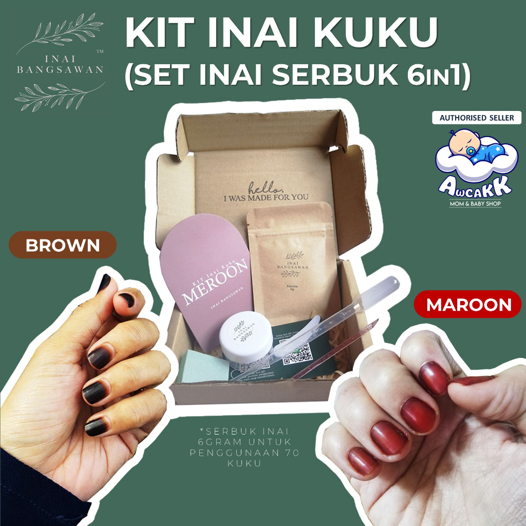 SET LENGKAP KIT INAI KUKU Brown / Merah Maroon Serbuk Inai Bangsawan ...