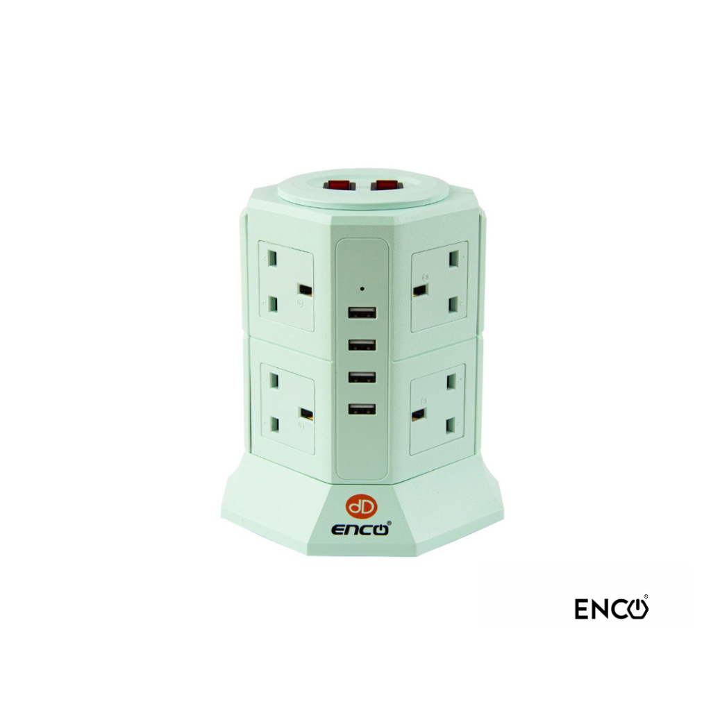 ENCO 4U8K (8 UK Plug 4 USB Port) Tower Extension / Extension Plug with ...