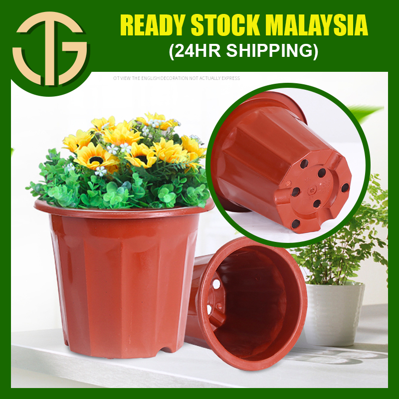 【FAST SHIPPING】25cm/35cm Brown Red Round Decagon Plastic Pot / Pasu ...