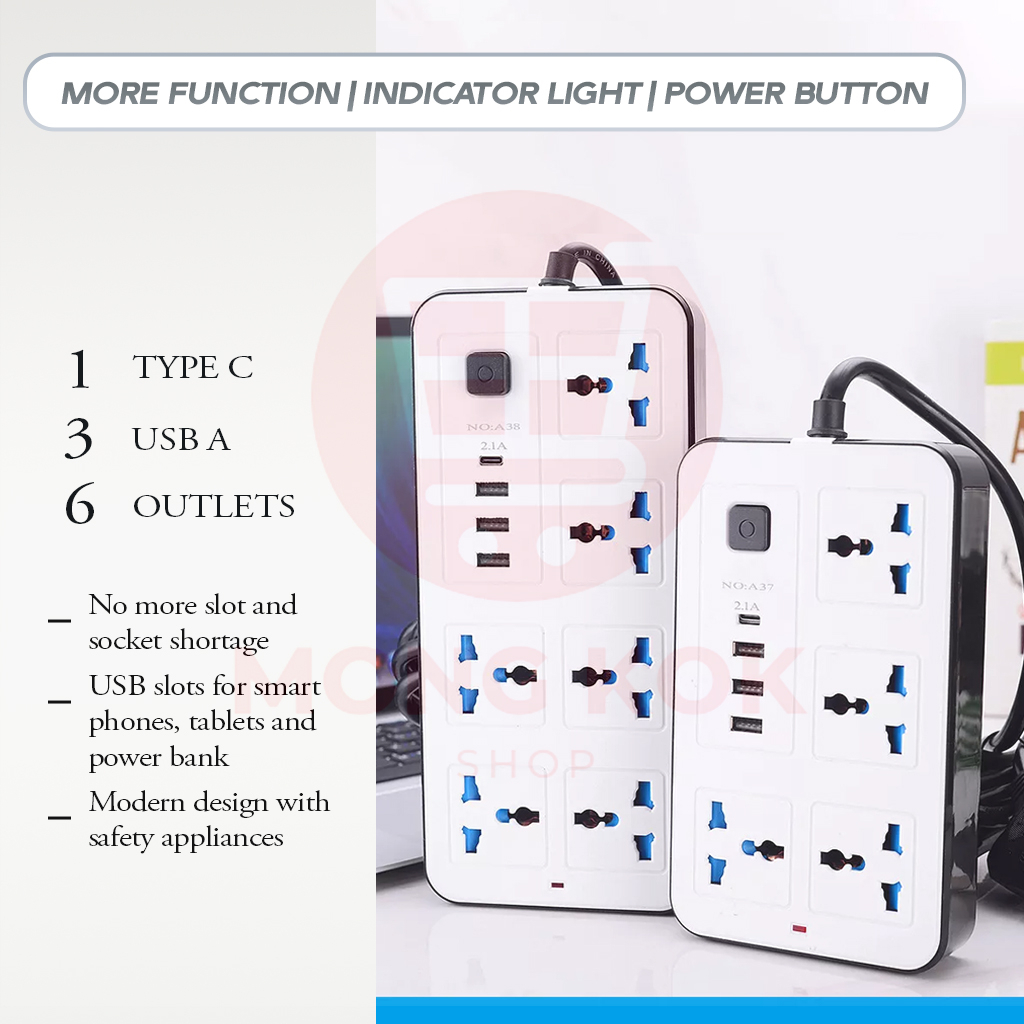 [BOX] 6 Socket 4 USB port A &C Extension Plug Power Socket Elektrik ...