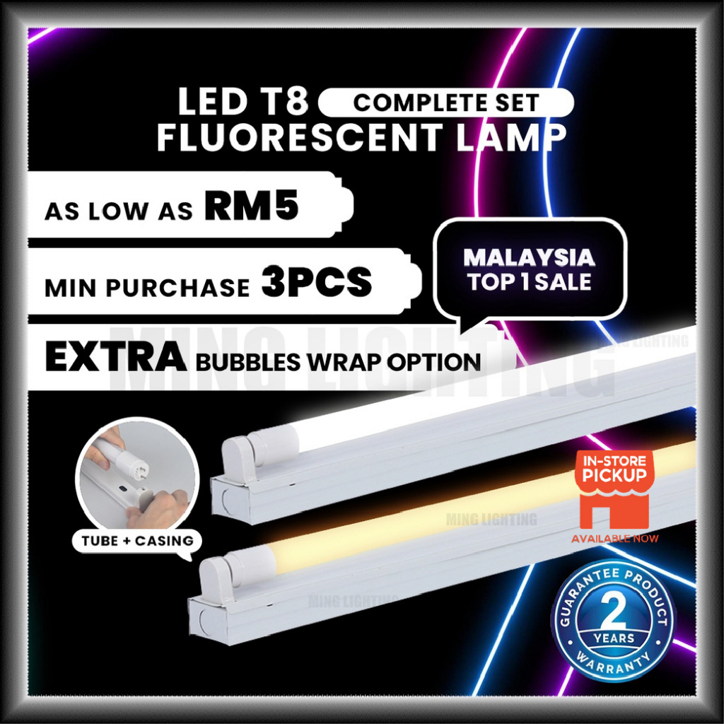 LED T8 Fluorescent 2Ft 4Ft Set Light Lampu Kalimantang Panjang Casing ...