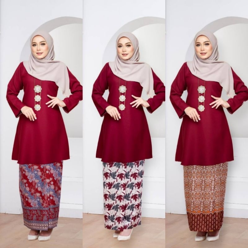 Maroon Burgundy Kurung Riau Batik Moden Aneka Corak from S to Plussize ...