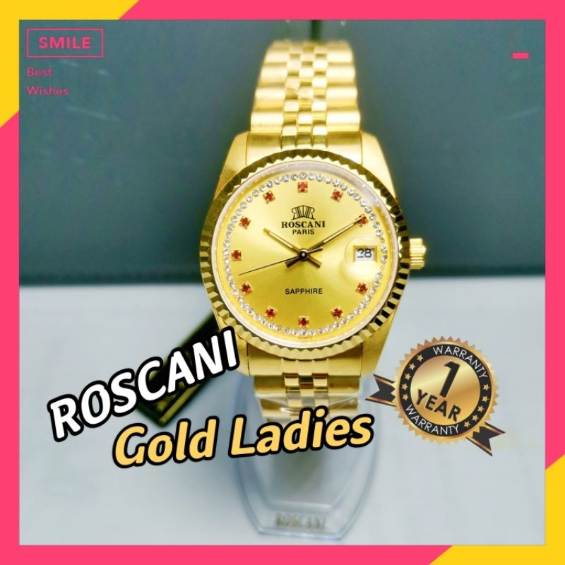Jam Roscani Ladies Women Gold Watch Sapphire Stainless Steel | Shopee ...