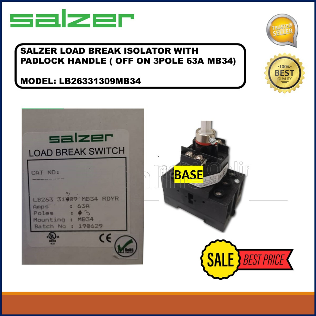 SALZER LOAD BREAK ISOLATOR WITH PADLOCK HANDLE 63A W/O BOX ...