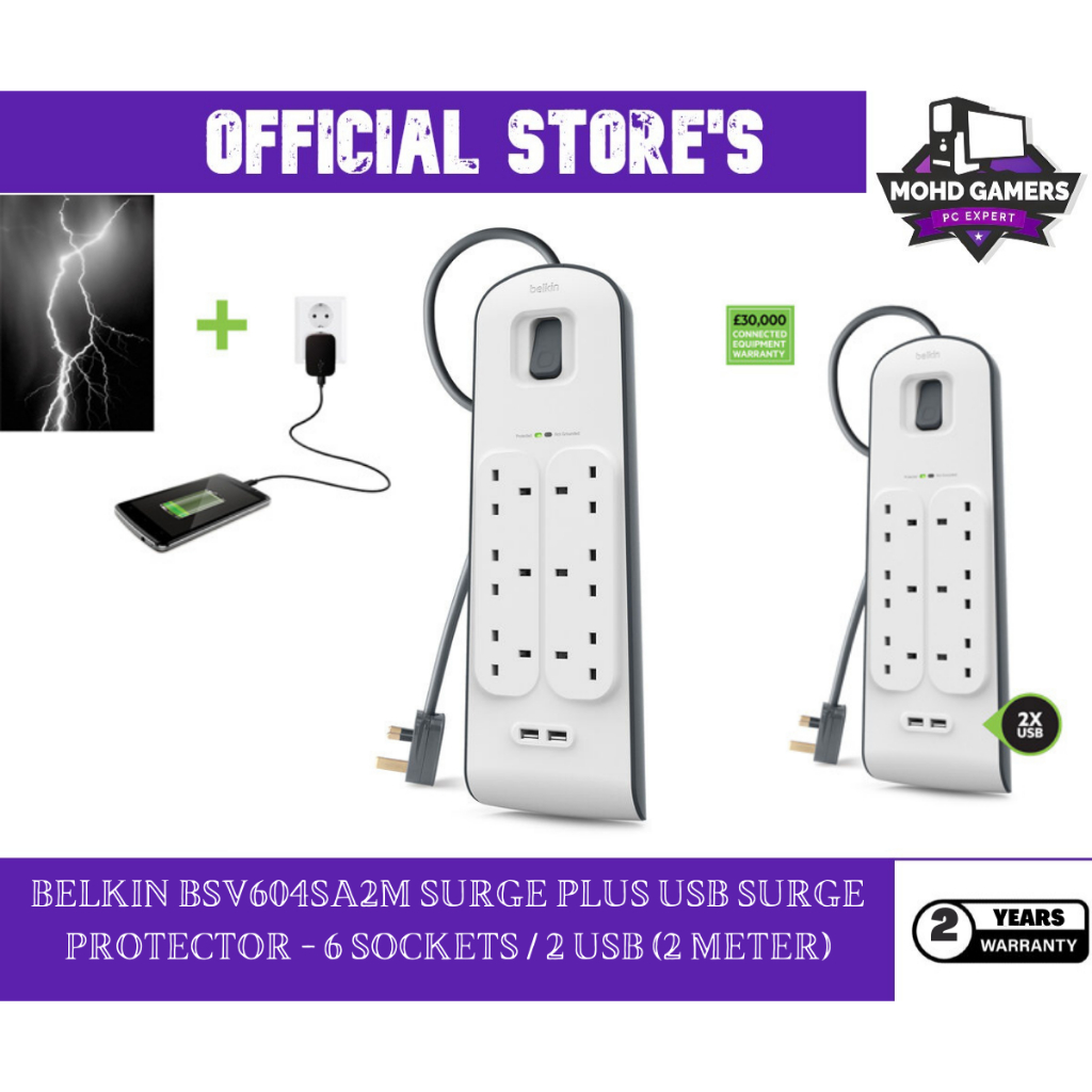 BELKIN BSV604SA2M SURGE PLUS USB SURGE PROTECTOR - 6 SOCKETS / 2 USB (2 ...
