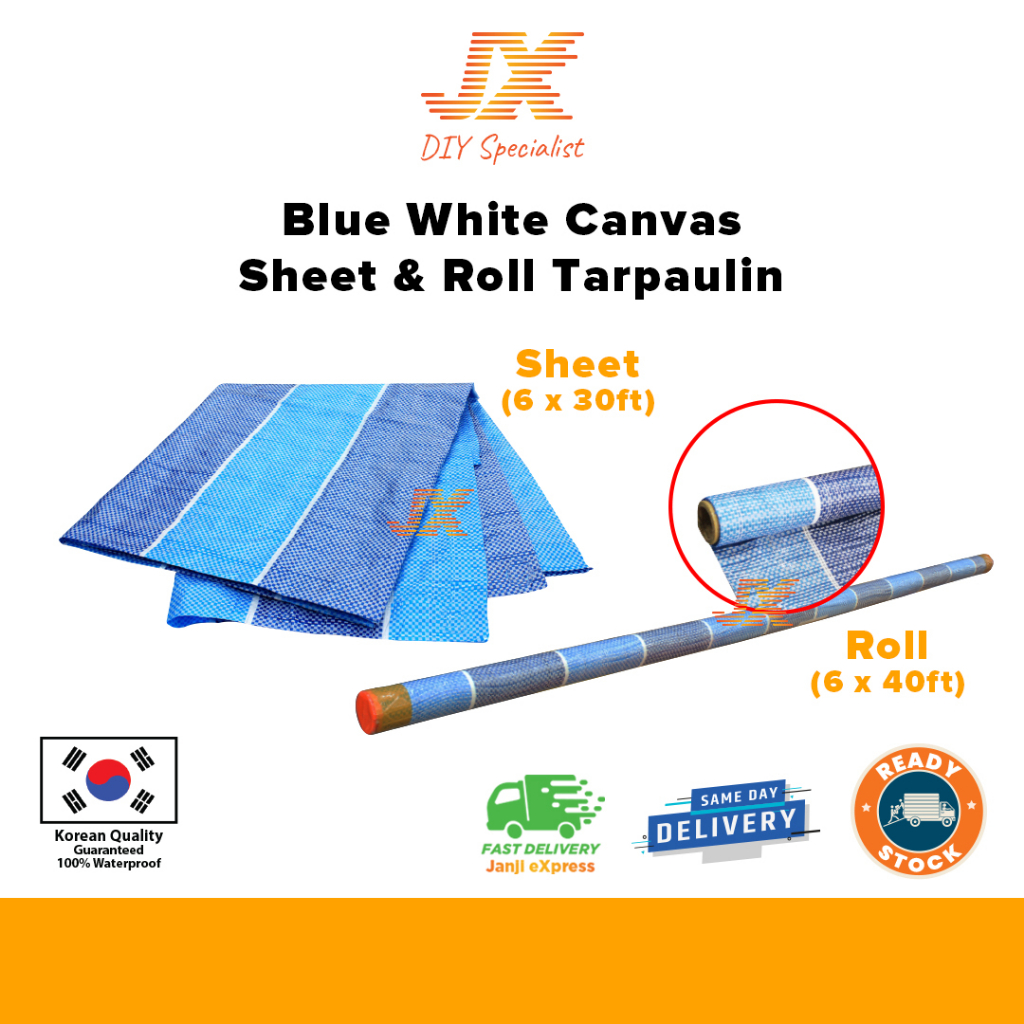 SUNTUF Blue White Canvas Roll Tarpaulin 6ft x 40ft(12M) / Kanvas Biru ...