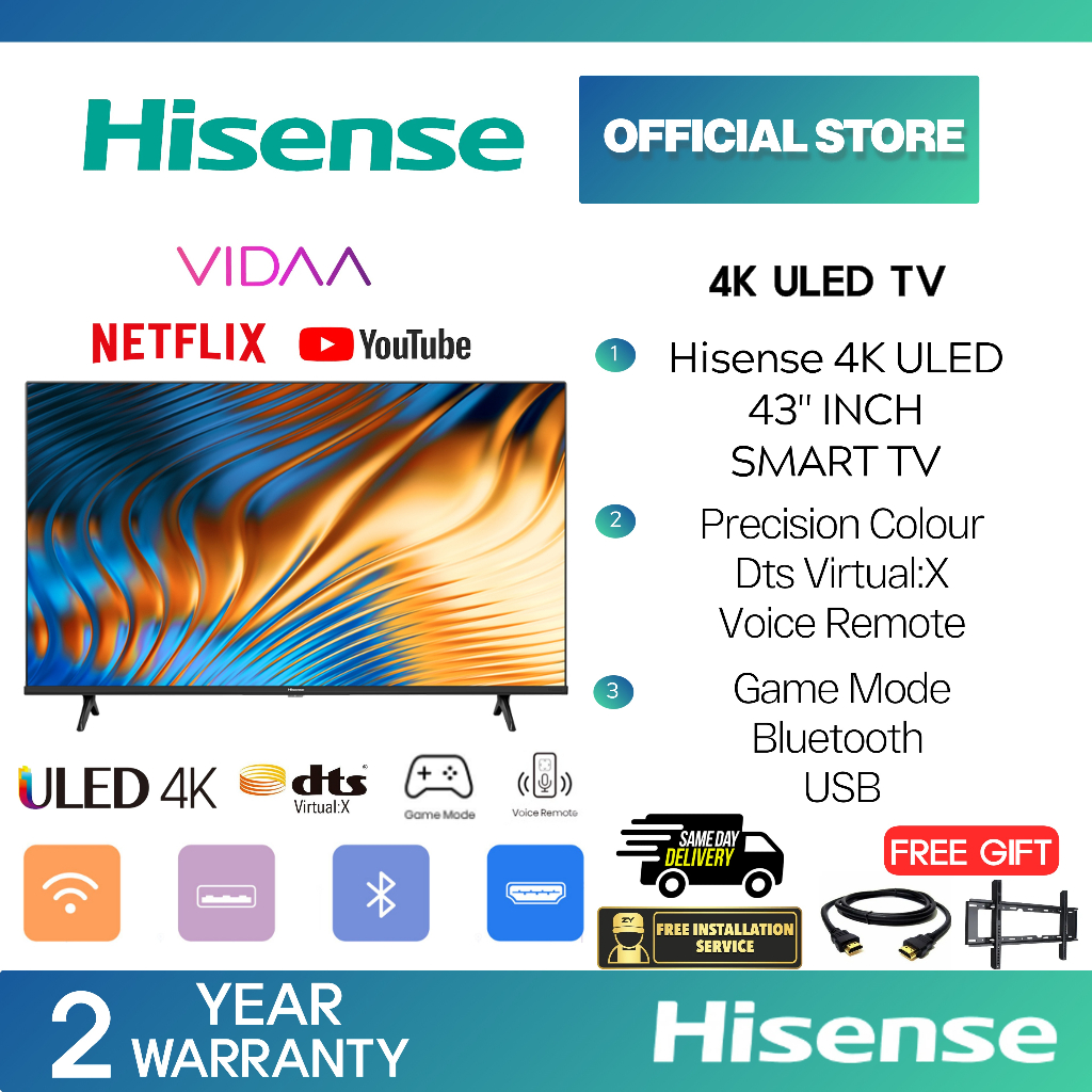 (SAME DAY DELIVERY KL)Hisense 4K UHD LED SMART TV (43/50/58 Inch) HDR 10 VIDAA U5 43A6100H ...
