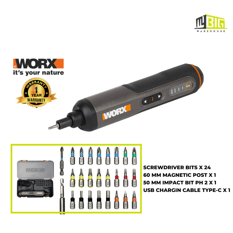 WORX WX-240 4V LI-ION SCREWDRIVER USB RECHARGEABLE HANDLE WITH 26 BIT ...