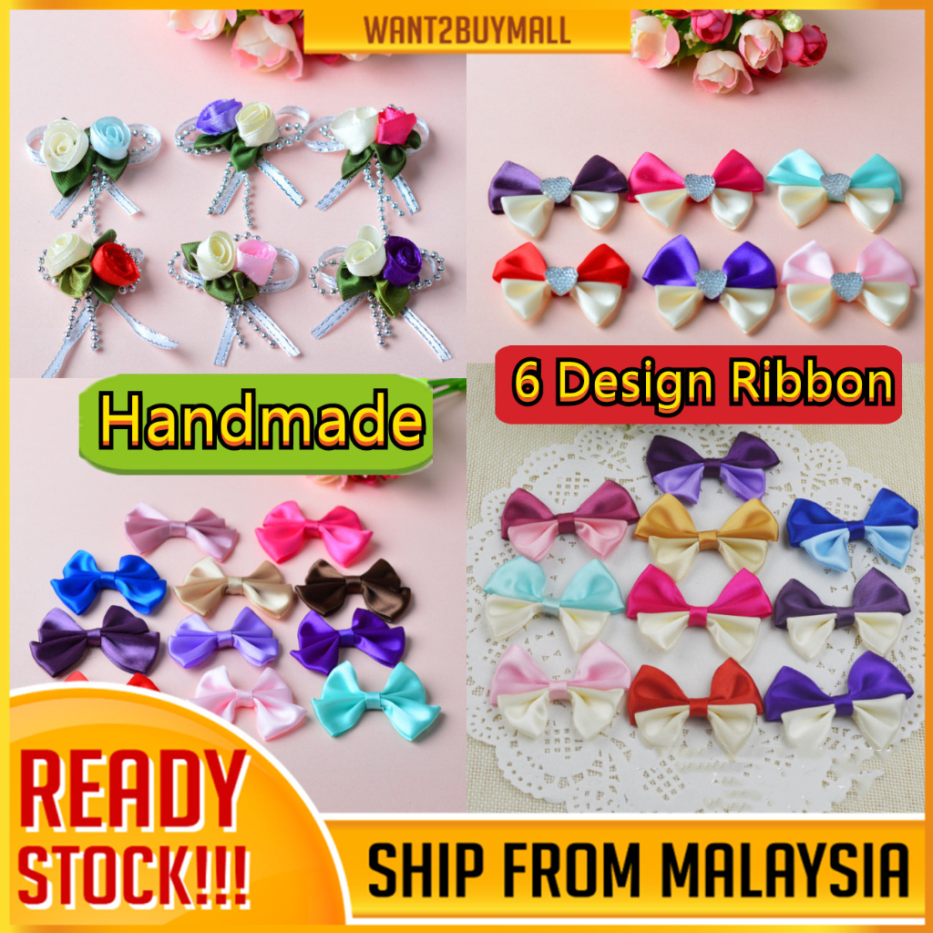 Ready Made DIY Diamond Pearl Crystal Flower Satin Ribbon Mini Rose Bow ...