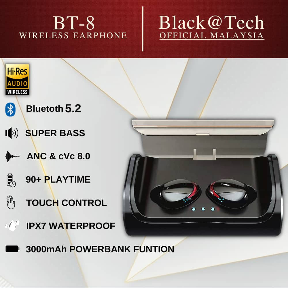 Black Tech Gadget Original BT8 Bluetooth Earphone Bass KawKaw Wireless Earbuds Touch IPX7 ...