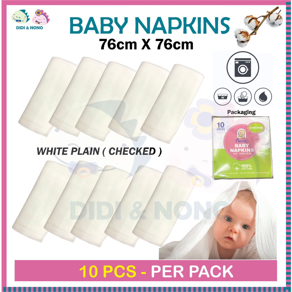 Pureen Baby Napkin Checked Plain White Colour 10pcs (NC03) Kain Lampin ...