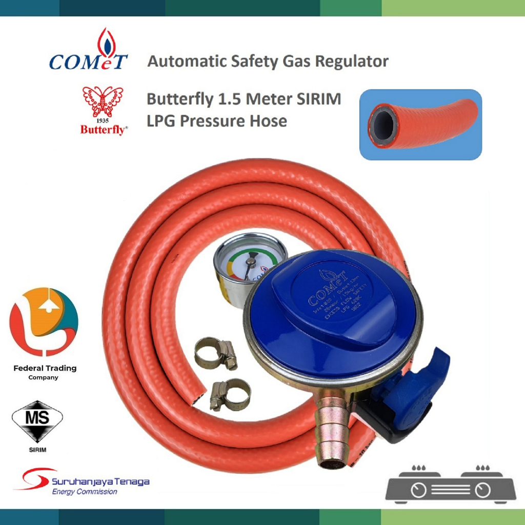 COMET 628C Low Pressure Safety Gas Regulator set with 1.5Meter & Clips ...