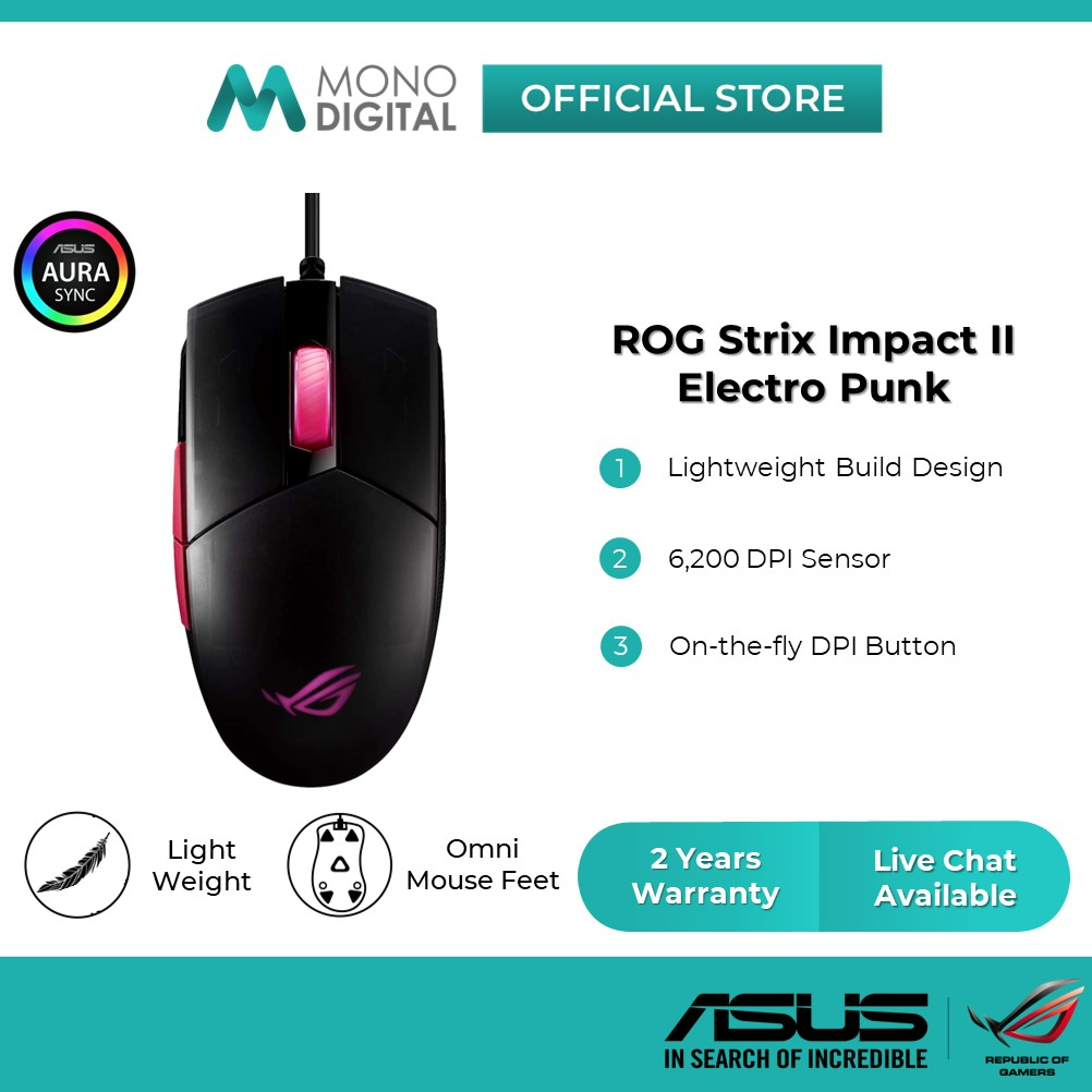 ASUS ROG Strix Impact II Electro Punk Ergonomic Gaming Mouse with ...