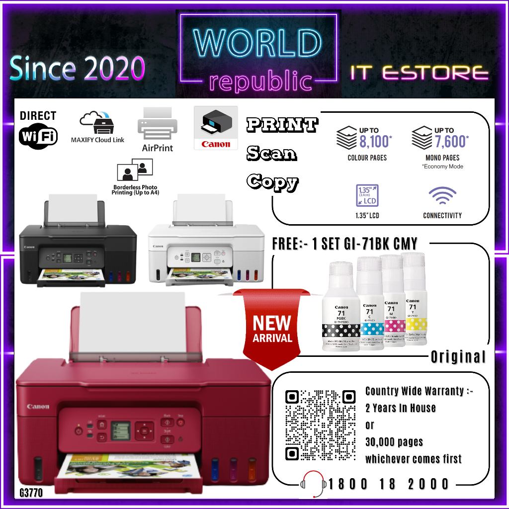 Canon PIXMA G3770 Wireless Printer - Print Scan Copy - GI-71BK GI-71C ...