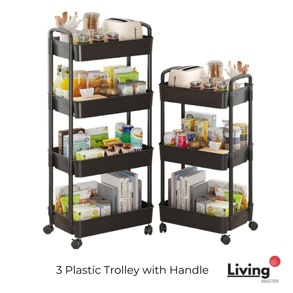 Plastic Handle Trolley 3 / 4 Tier Plastic Shelf Trolley Rack Storage ...