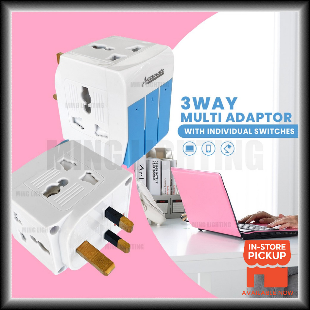 3 Way Multi Adapter 13A Universal Adaptor Extension Neon Light UK Plug ...