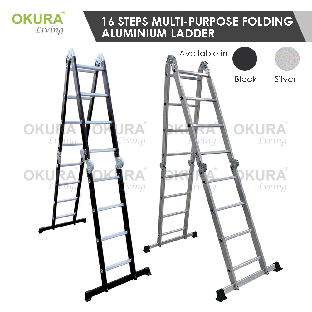 OKURA 12/16 Steps Multipurpose High Quality Aluminium Foldable LADDER ...