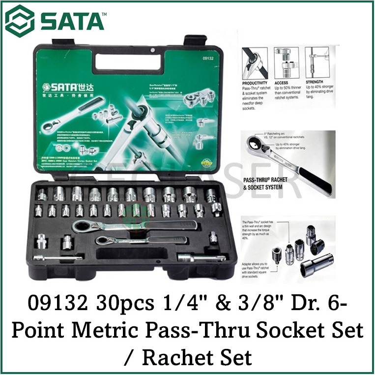 Sata 09132 30-Pcs 1/4 in. & 3/8 in. Drive 6 Point Metric Pass-Thru Socket Set / Rachet Set ...