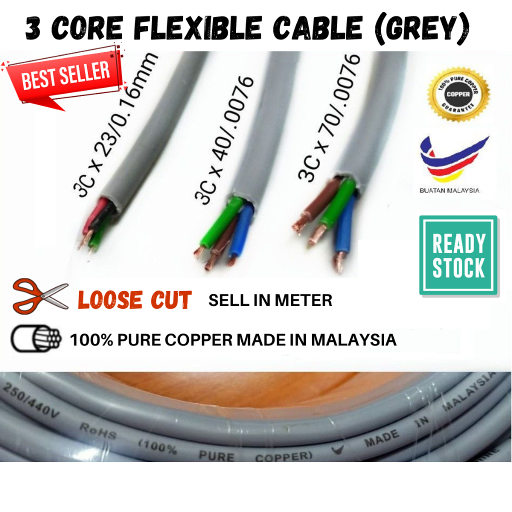 100% PURE COPPER CABLE 23/0016 / 40/0076 / 70/0076 / 110/076 X 3CORE CABLE PVC FLEXIBLE WIRE ...