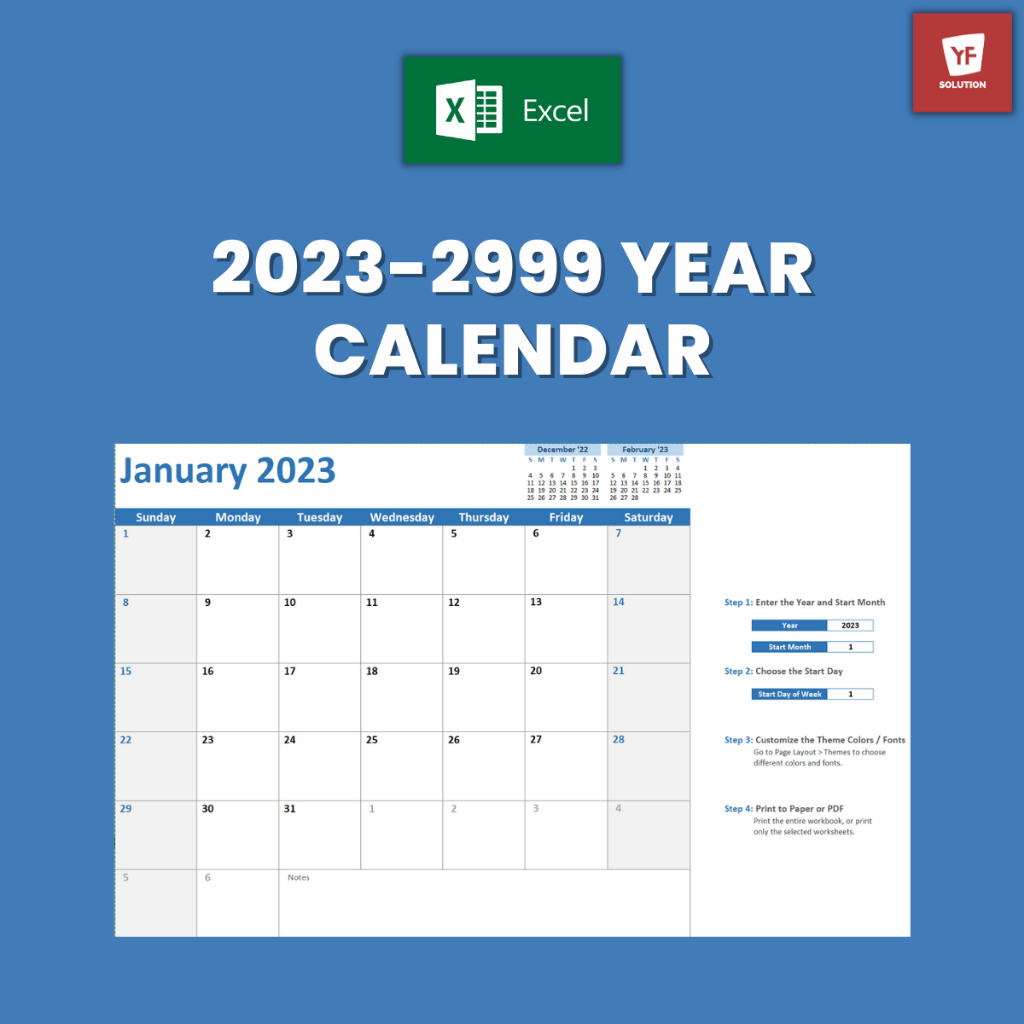 [PDF/Excel] Any Year【2023-2999】| Monthly Calendar Dated Planner ...