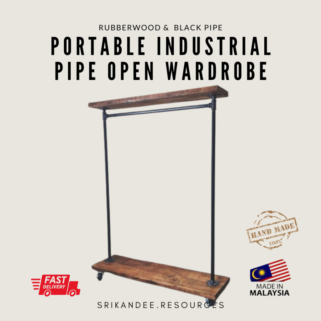 Industrial Pipe Open Wardrobe Portable with Rubberwood Shelf /Rak Baju ...