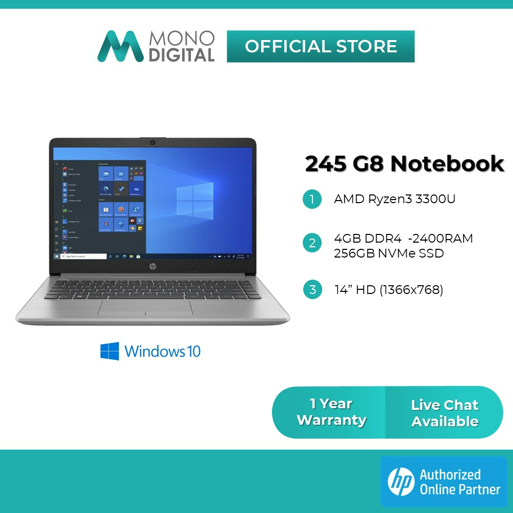 HP 245 G8 Notebook PC - AMD Ryzen 3/ 4GB RAM/ 256GB SSD/ 14" HD/ Win 10 ...