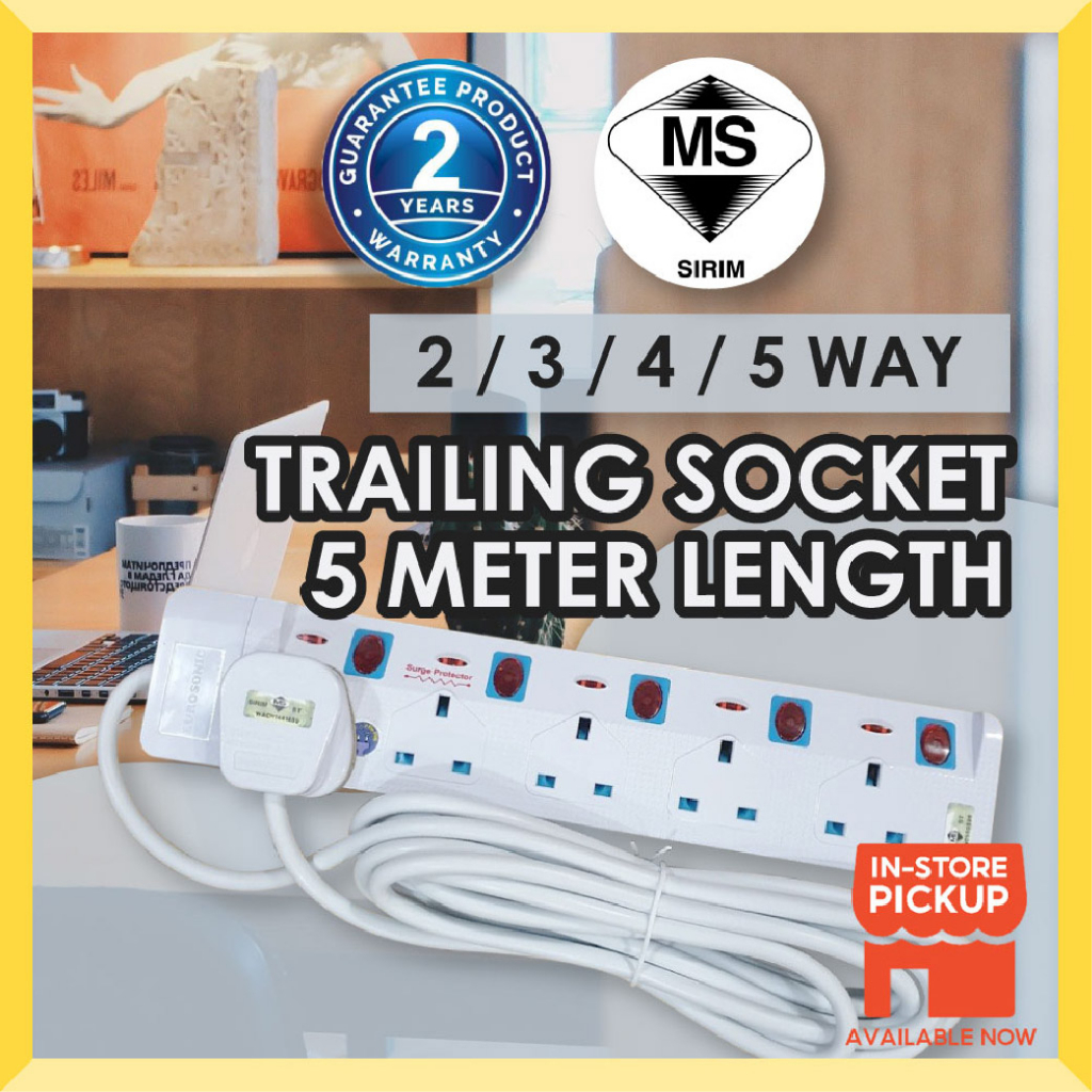 [Sirim] 5M Extension Trailing Socket w Neon Plug Adaptor Multiple Universal Adapter Cord 2/3/4/5 ...