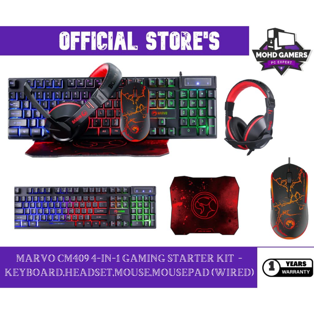 MARVO CM409 4-IN-1 GAMING STARTER KIT - KEYBOARD,HEADSET,MOUSE,MOUSEPAD ...