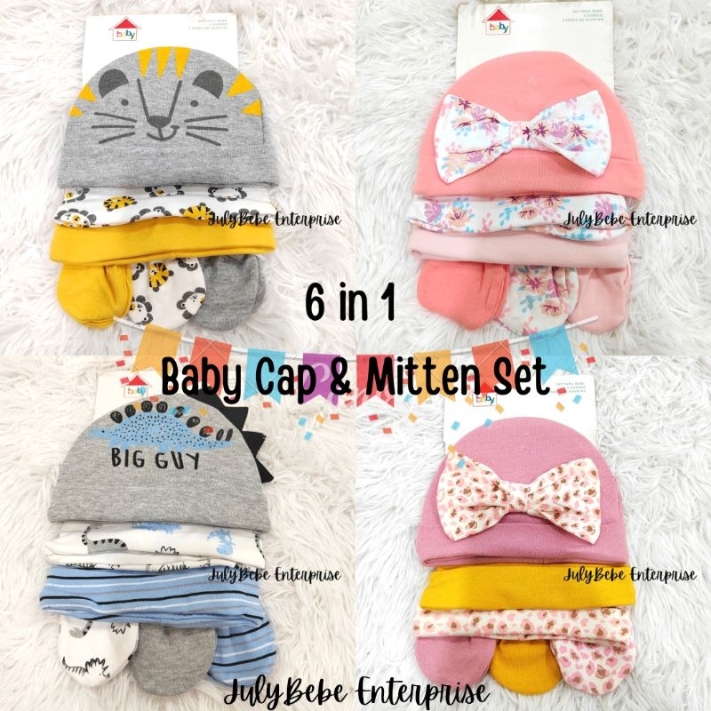 6in1 Premium Newborn Baby cap hat with mitten set baby boy and girl 100 ...