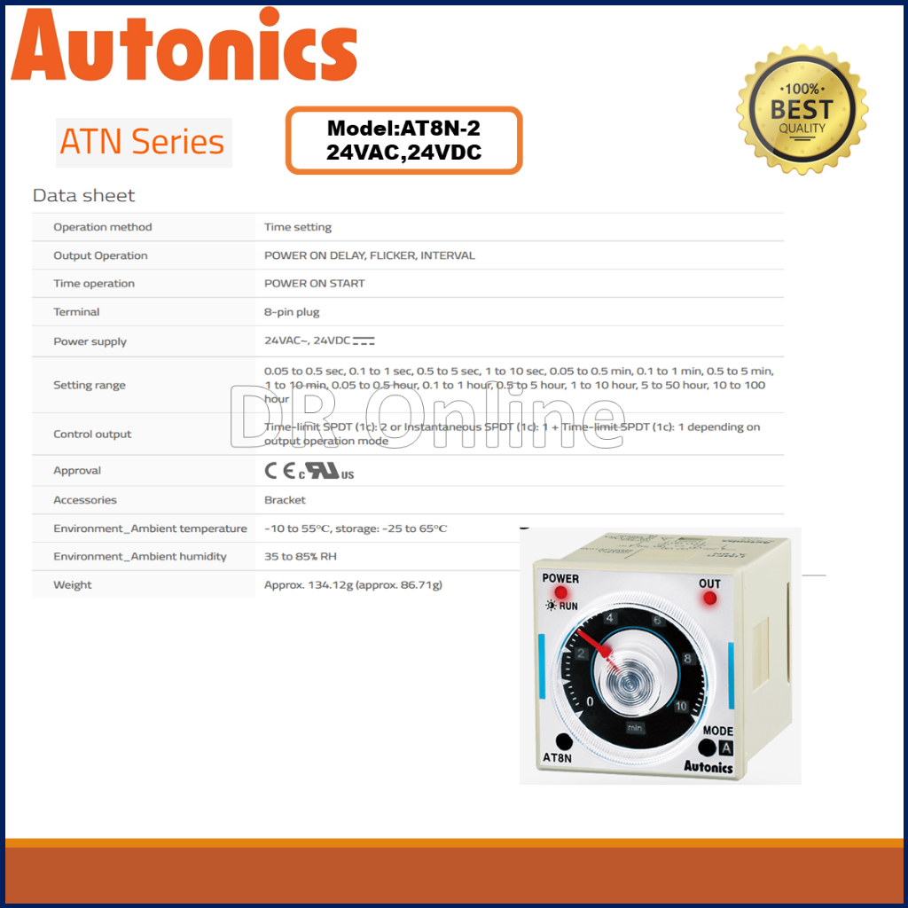 Autonics Multi Analog Timer 0.05S- 100Hour AT8N-2 24VAC / 24VDC ~ AT8N ...